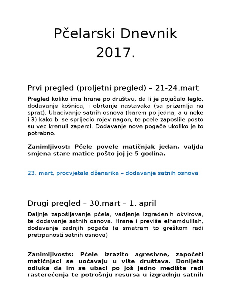 Pčelarski Dnevnik Rada | PDF