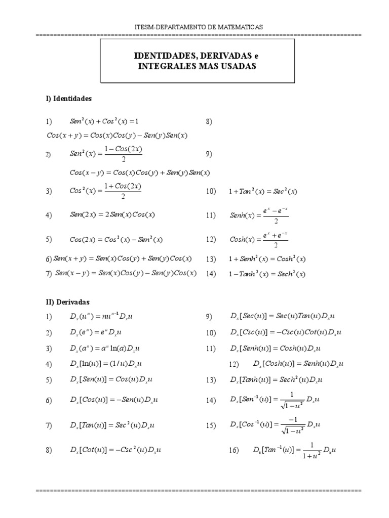 Formulario Integrales Mas Usadas | PDF | Relaciones matematicas | Geometría