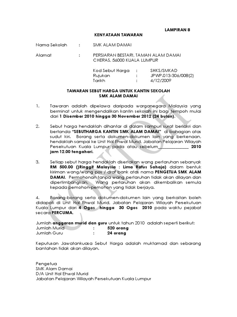 Contoh Format Sebut Harga Kantin PDF | PDF