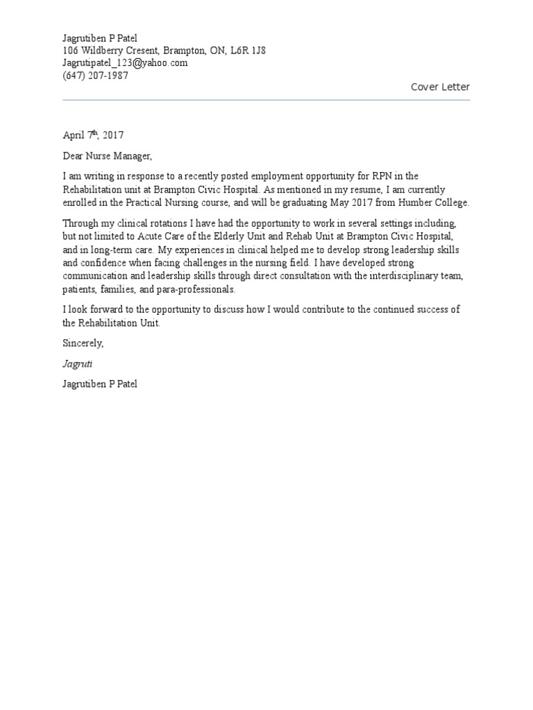 RPN Cover Letter for Rehab Unit | PDF