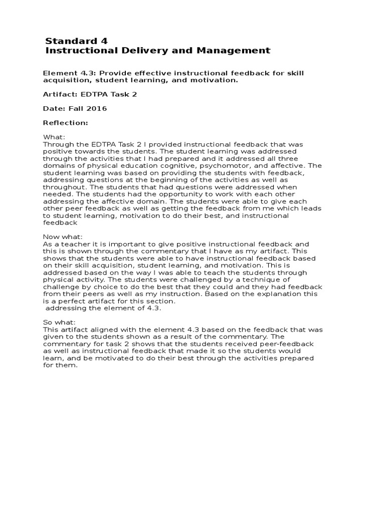 Standard 4 454 Pre-Student Teaching Artifact Reflection | PDF | Career ...