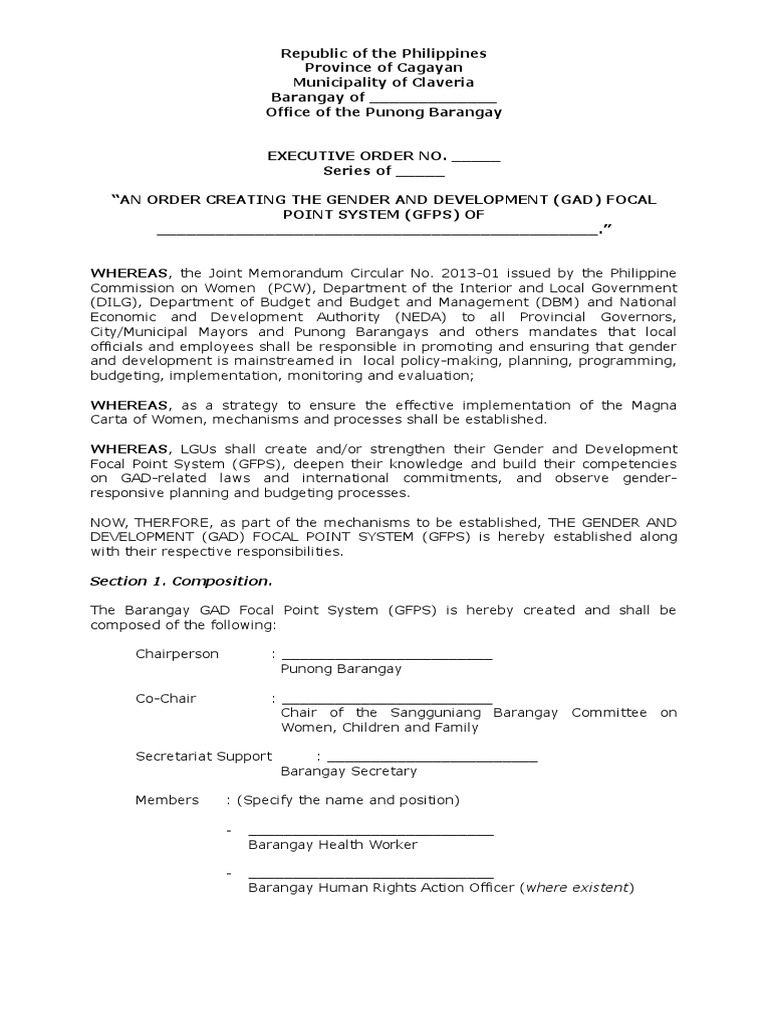 GAD FPS Executive Order Sample | Gender And Development | Gender