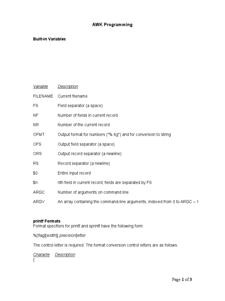 Built-In Variables: AWK Programming | PDF | Encodings | Computer Data
