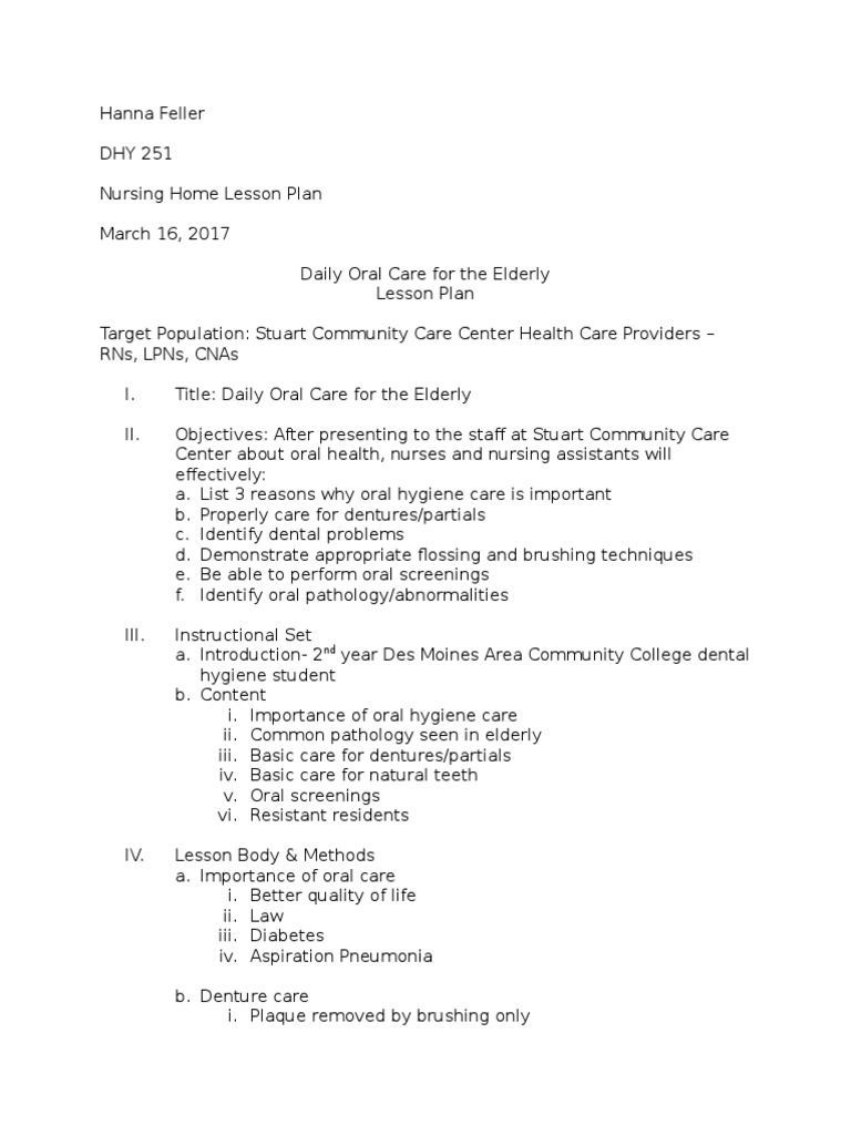 Nursing Home Lesson Plan | PDF | Oral Hygiene | Dentures