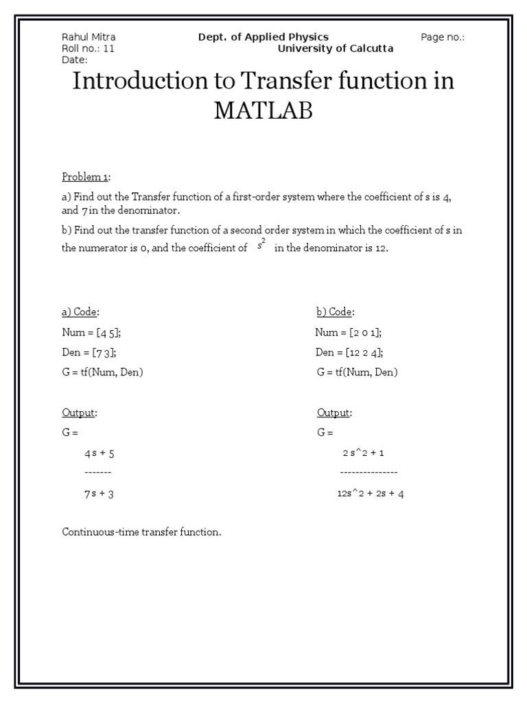 Introduction To Transfer Function in MATLAB | PDF | Applied Mathematics ...