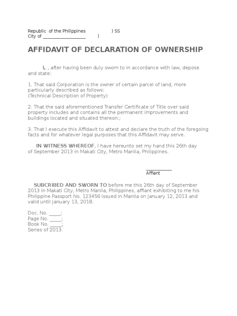 Affidavit of Declaration of Ownership: I,, After Having Been Duly Sworn ...