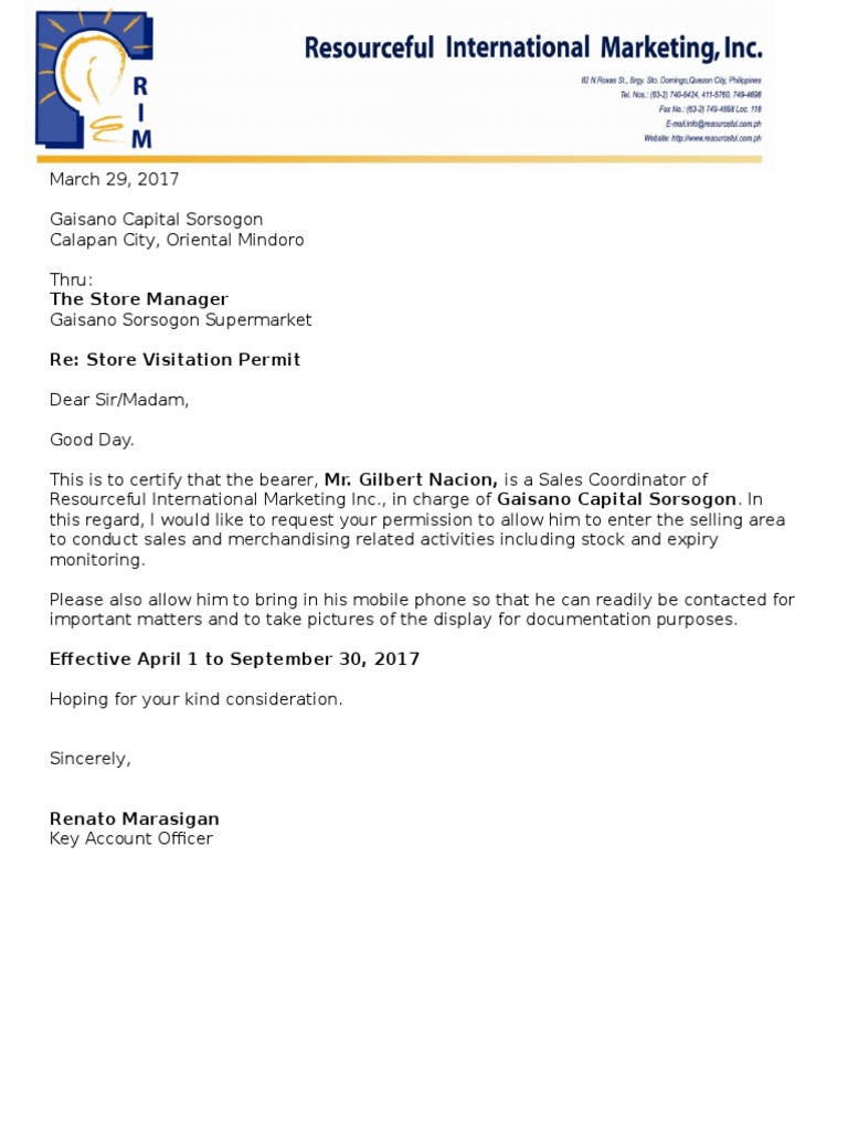 Store Visit Letter Gaisano Cap Gilbert | PDF