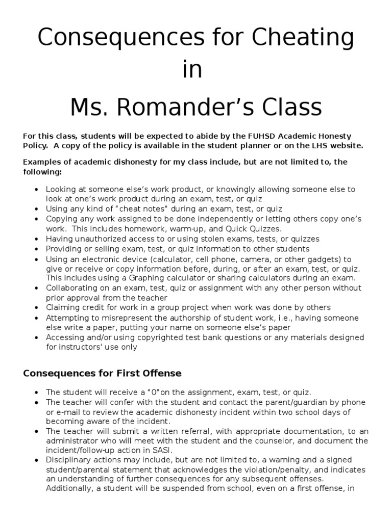 Consequences For Cheating in Ms. Romander's Class | PDF | Academic ...