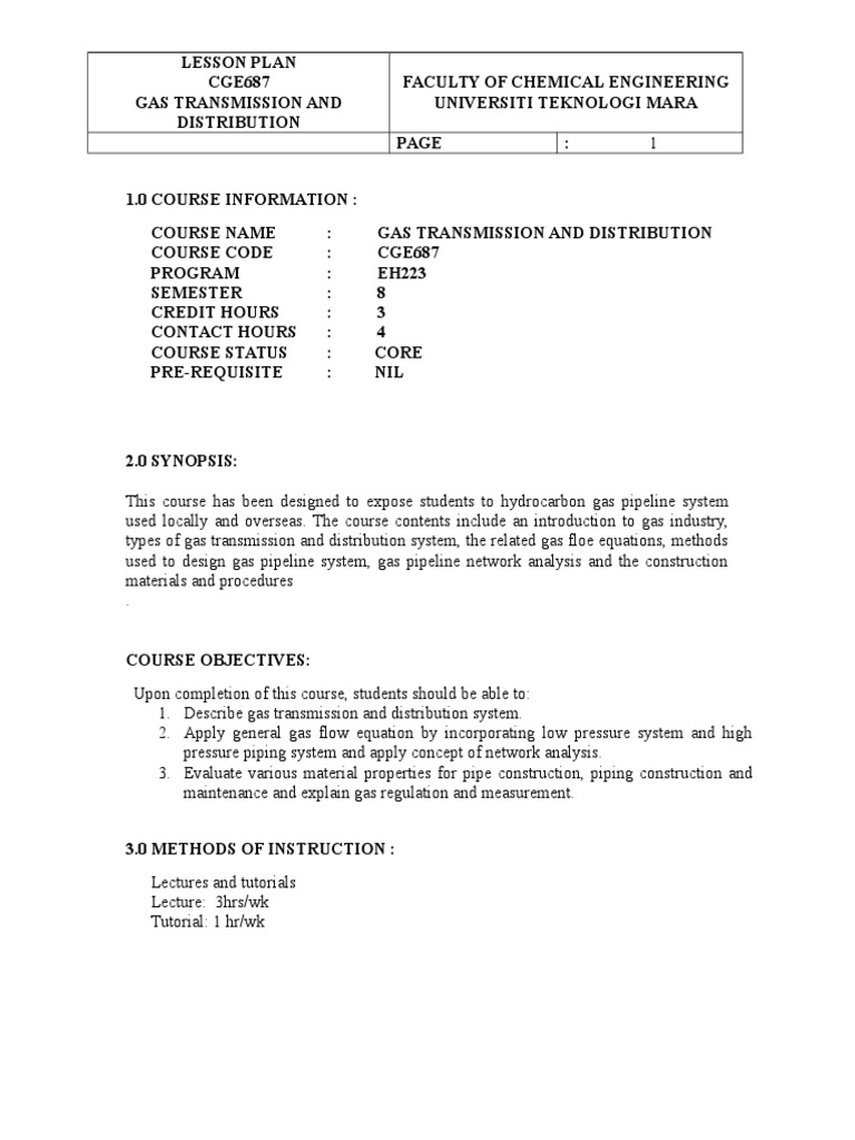 Gas Transmission and Distribution Course Plan | PDF | Lecture | Engineering