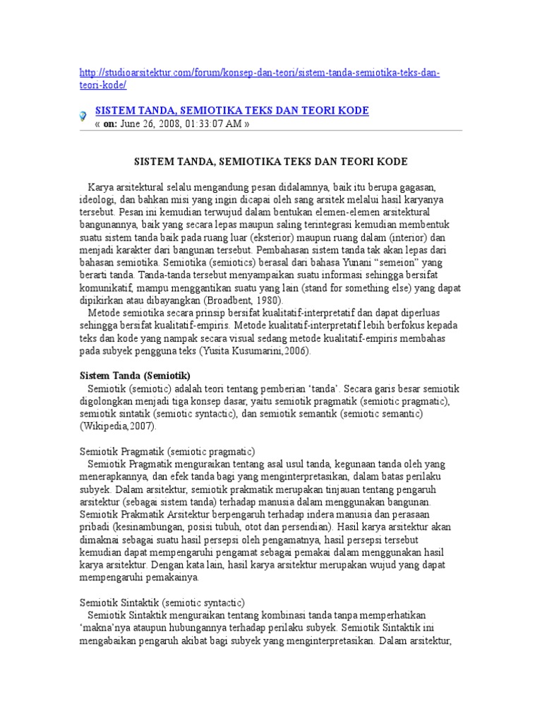 TEORI DAN KONSEP SEMIOTIKA DALAM ARSITEKTUR | PDF