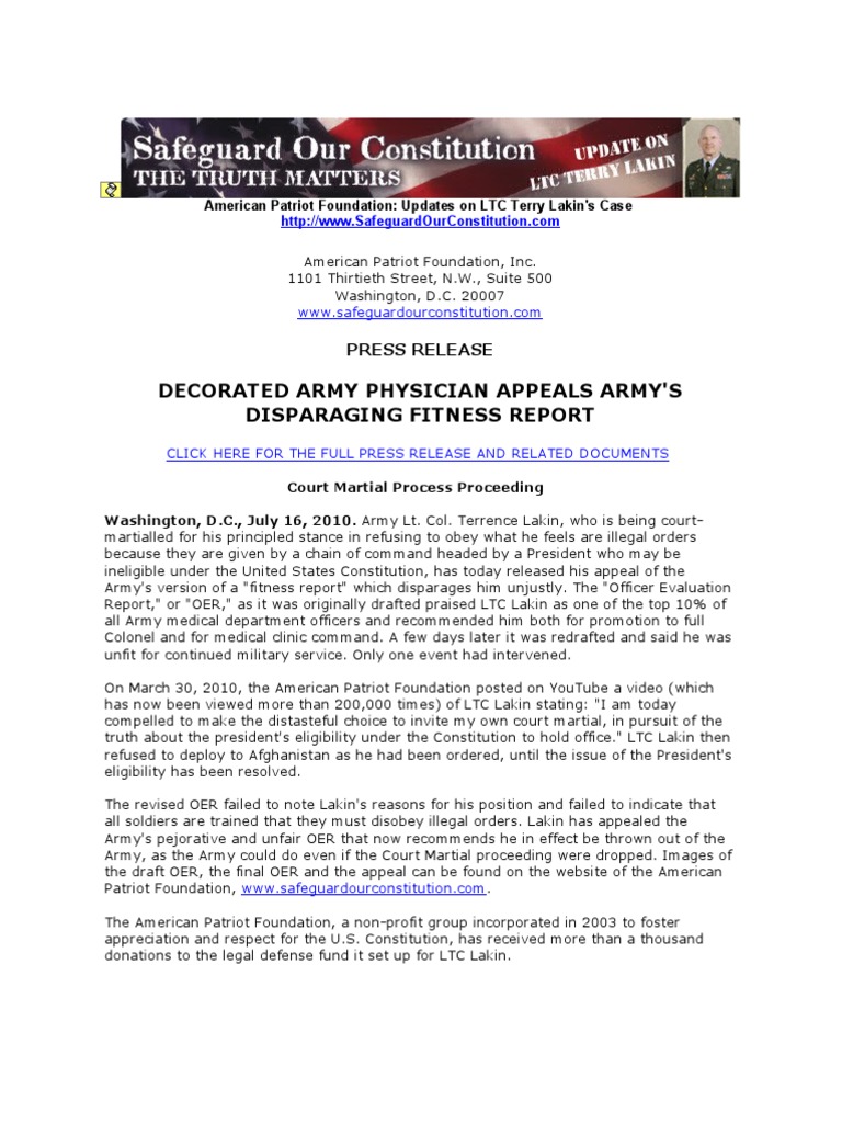 Press Release: LTC Terry Lakin Appeals Army's Disparaging Fitness ...