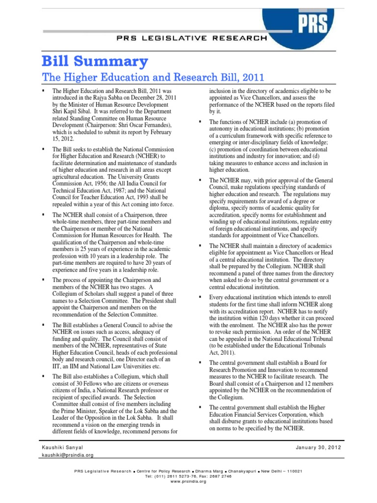 National Higher Education Bill Summary | PDF | Government Of India ...