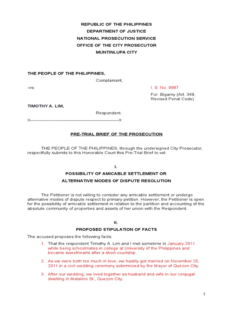 Pre Trial Brief (Petitioner) | Marriage | Prosecutor