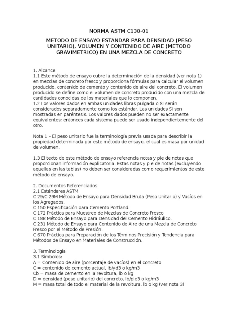 Norma Astm c138 Mezcla de Concreto | Densidad | Hormigón