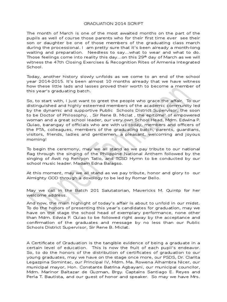 Script of Graduation Ceremonies For EMCEE | PDF | Wellness