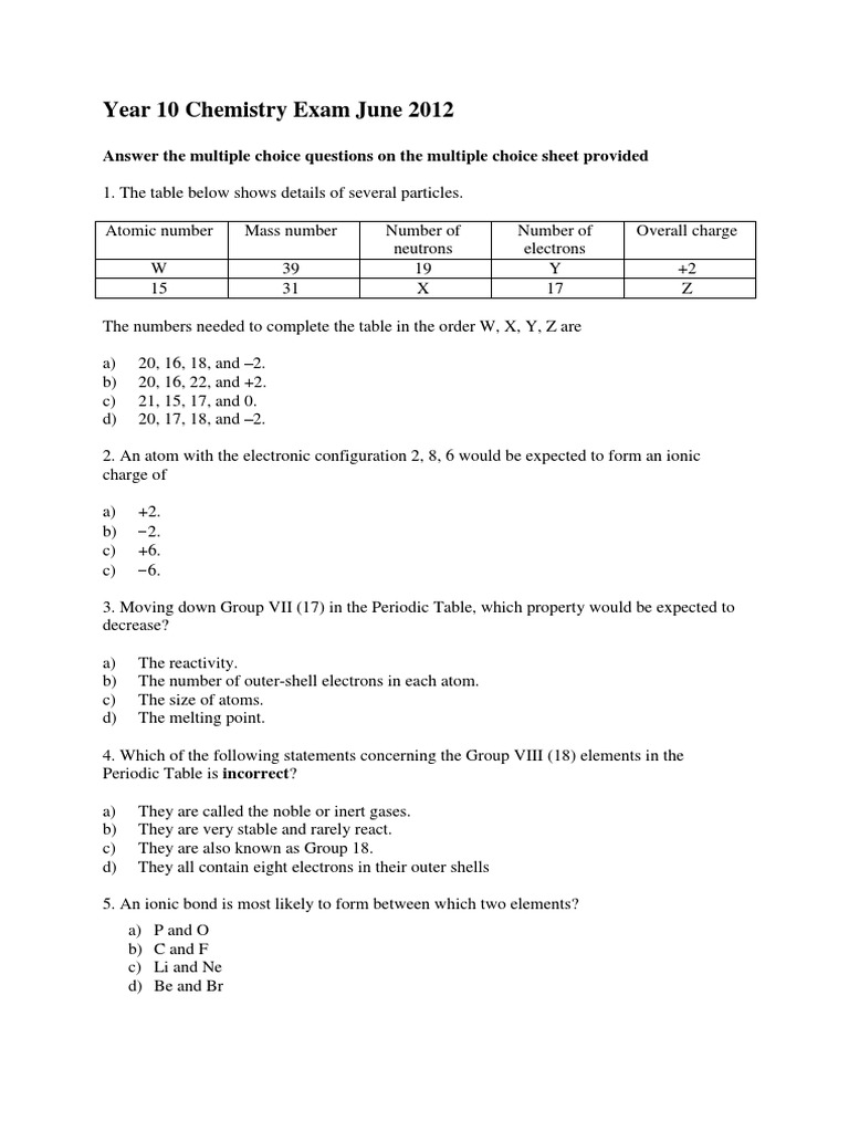 Year 10 Chemistry Exam Prep | PDF | Ion | Chemical Bond