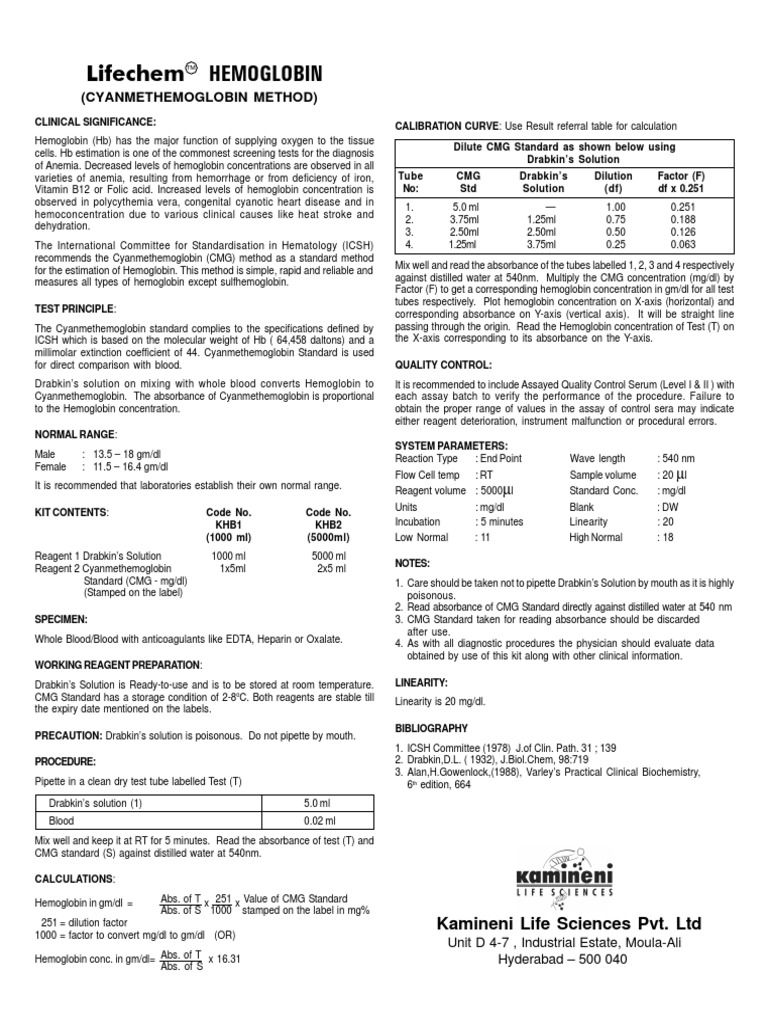 Cyanmethemoglobin Method for Hb Estimation | PDF | Hemoglobin | Anemia