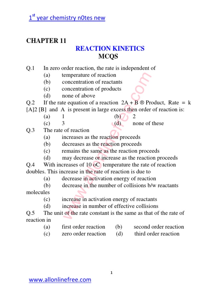 11 Chapter Reaction Kinetics MCQS PDF | PDF | Reaction Rate | Catalysis
