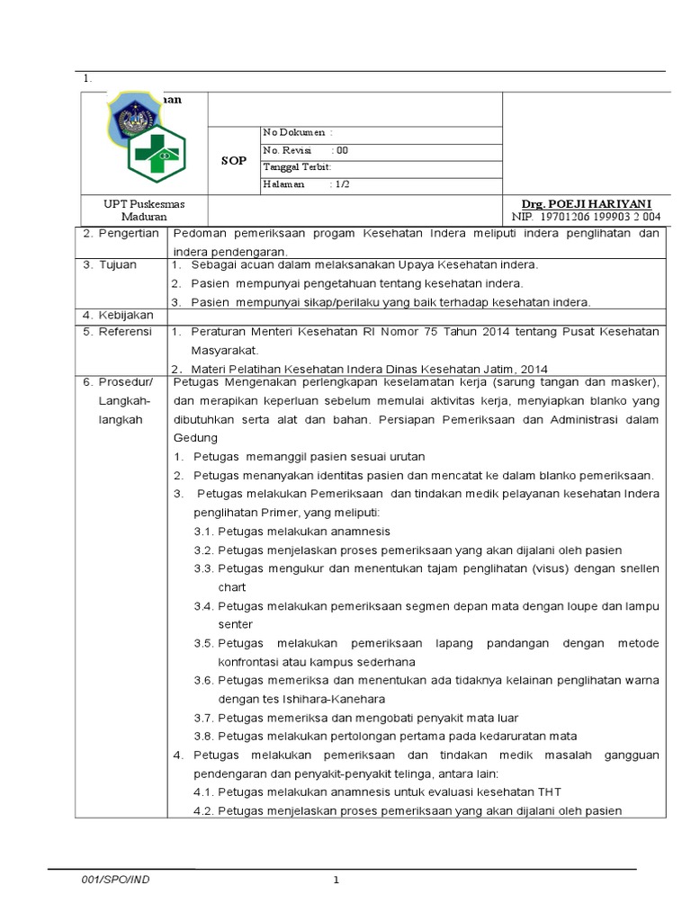 SOP Pemeriksaan Kesehatan Indera | PDF