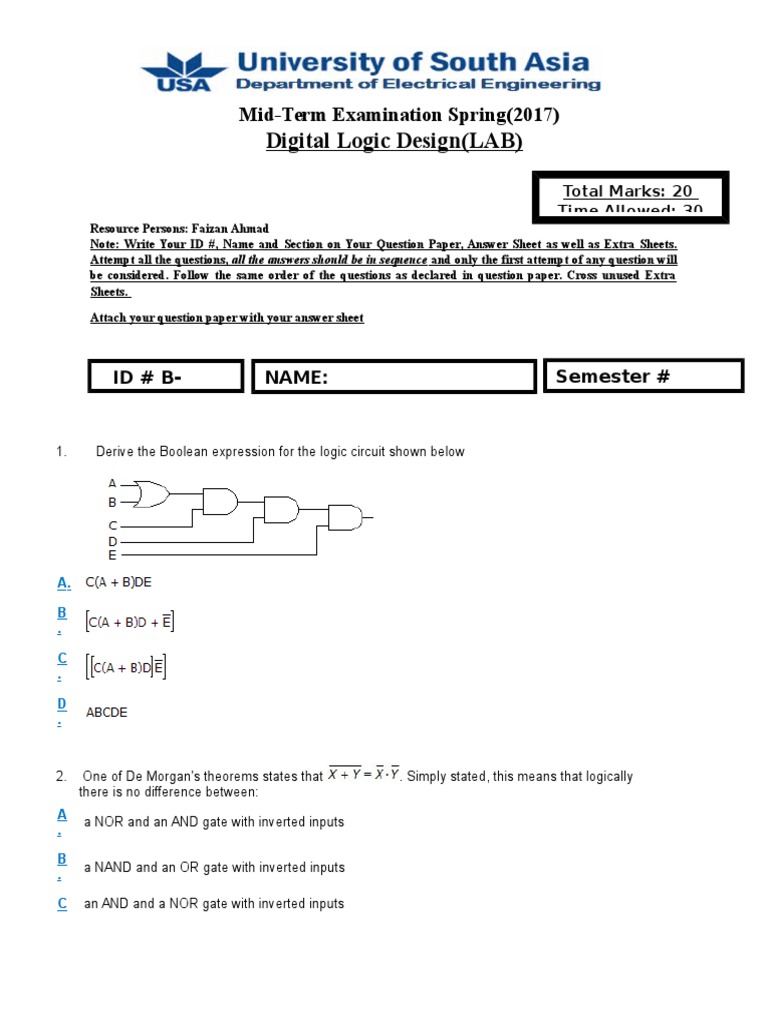 Digital Logic Design (LAB) : Mid-Term Examination Spring (2017) | PDF | Boolean Algebra ...