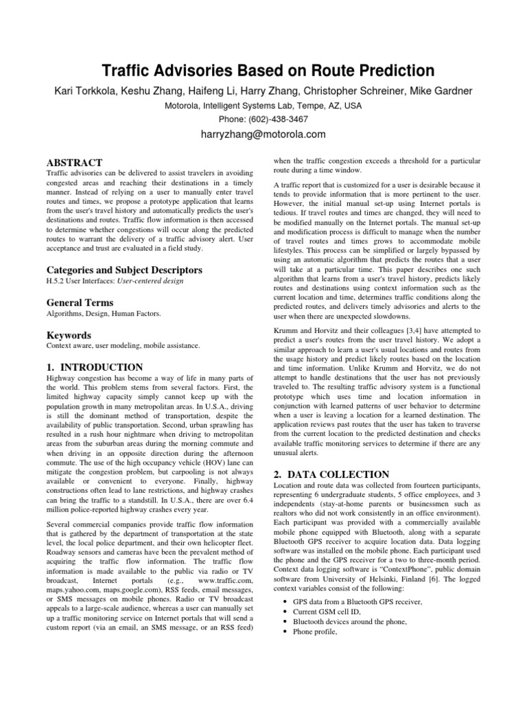 Traffic Advisories Based On Route Prediction | PDF | Normal ...