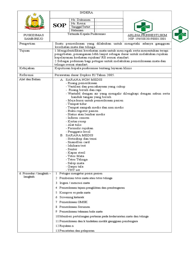 SOP Pemeriksaan Kesehatan Indera | PDF