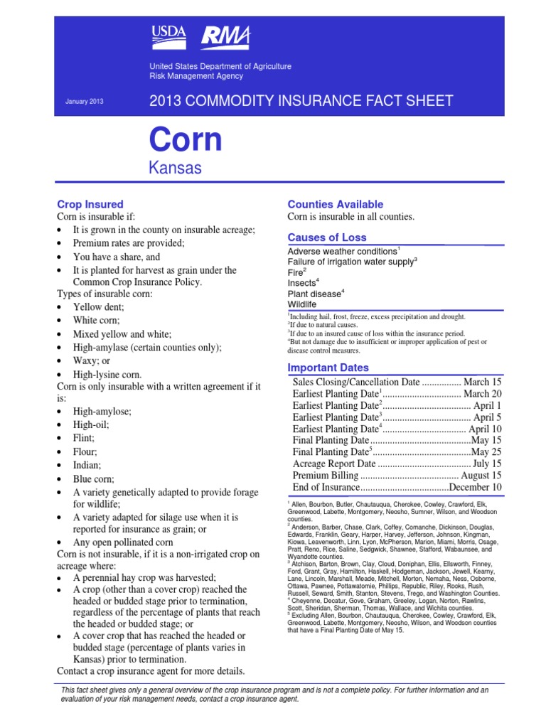 Kansas: 2013 Commodity Insurance Fact Sheet | PDF | Crop Insurance | Maize