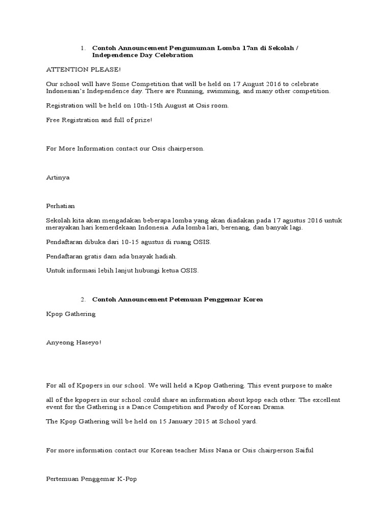Contoh Announcement Pengumuman Lomba 17an Di Sekolah | PDF | Karier ...