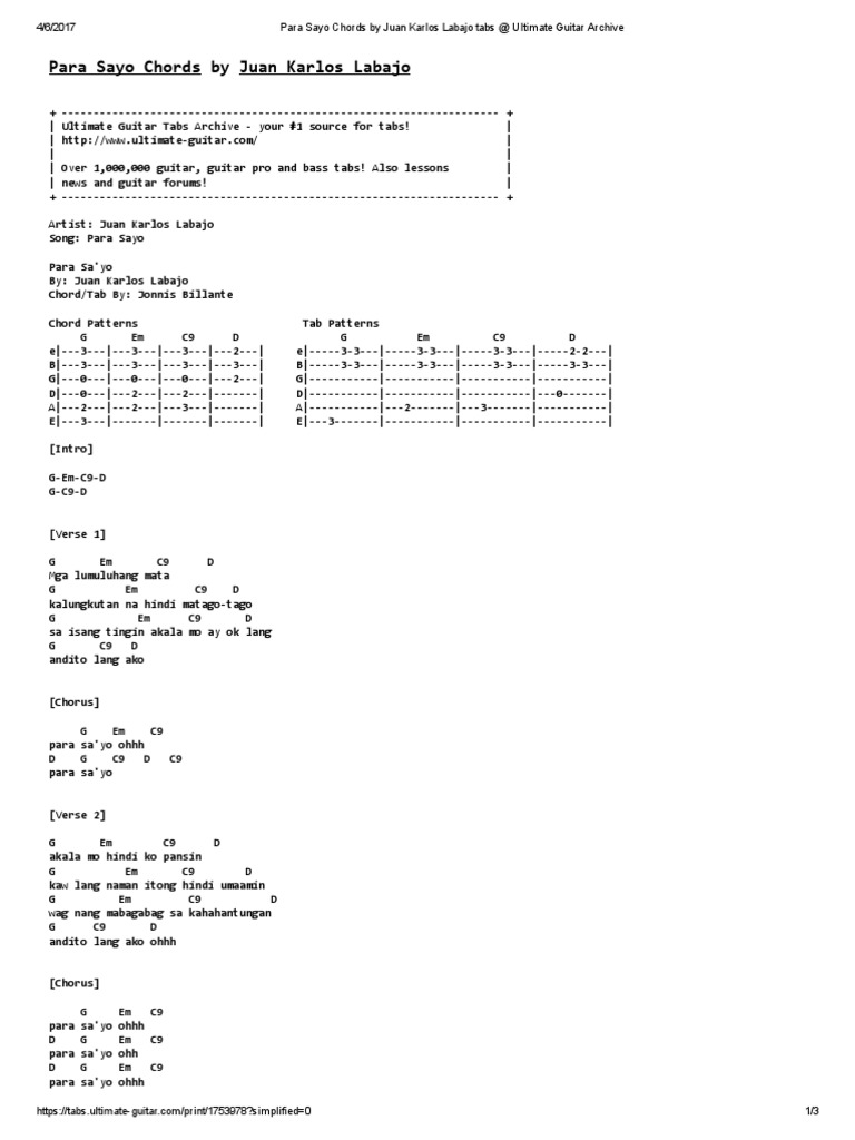 Para Sayo Chords by Juan Karlos Labajo Tabs at Ultimate Guitar Archive ...
