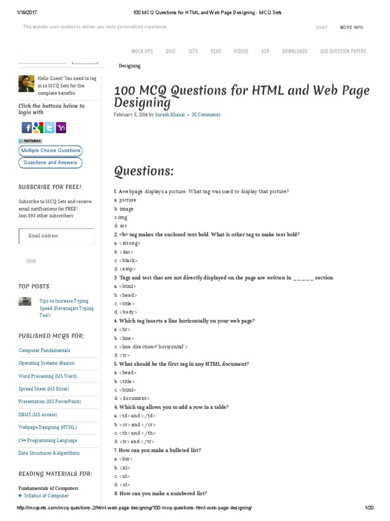 100 MCQ Questions For HTML and Web Page Designing - MCQ Sets PDF | PDF ...
