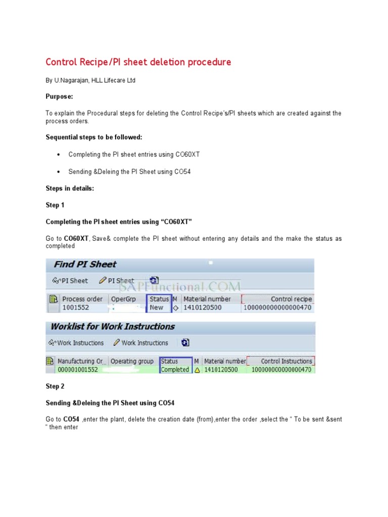 Control Recipe/PI Sheet Deletion Procedure | PDF