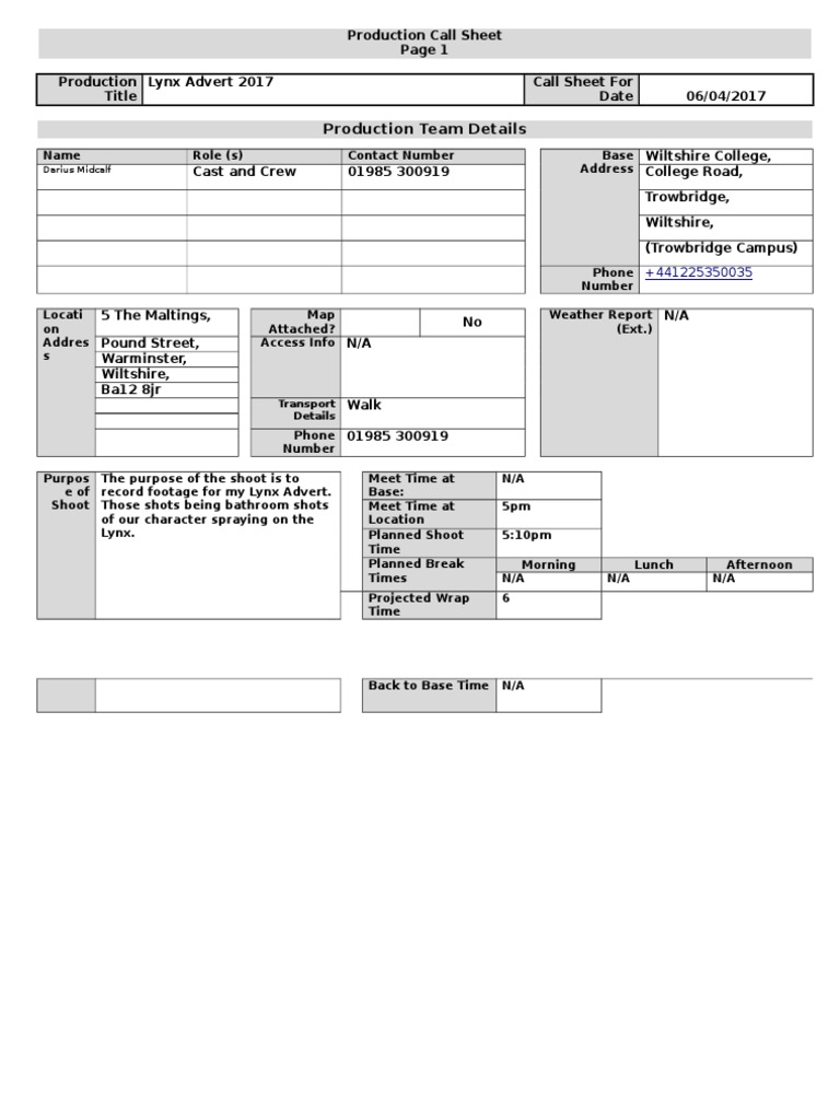 Production Call Sheet | PDF