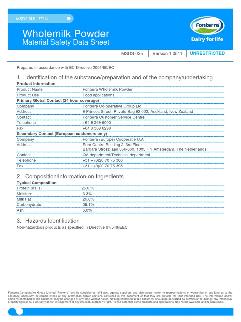 MSDS Wholemilk Powder | PDF