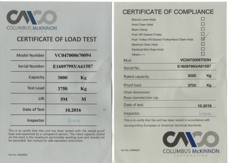 Certificate Hand Chain Hoist Yale PDF | PDF