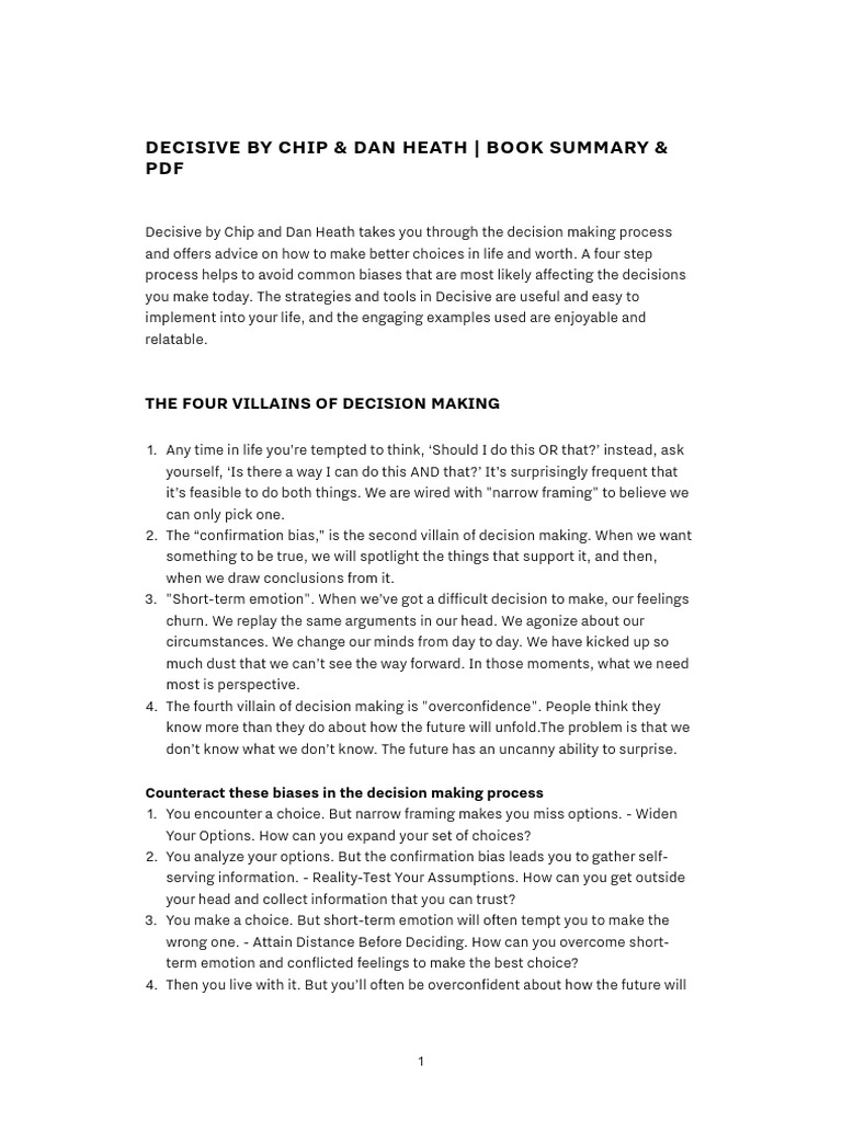 Decisive by Chip and Dan Heath Book Summary PDF | PDF | Bias | Decision ...