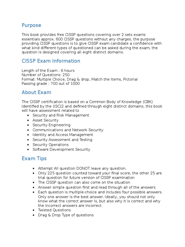 Cissp Exam Practice Questions | PDF | Test (Assessment) | Information ...