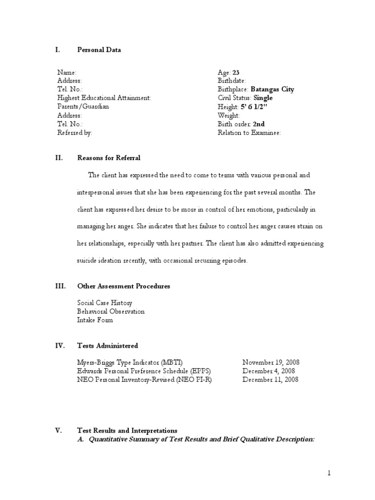 Sample Psychological Report Confidential PDF | PDF | Anger | Coping ...