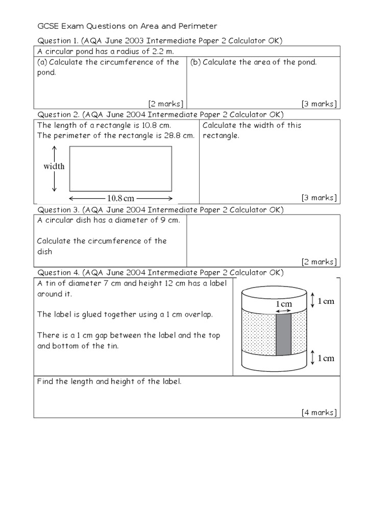 GCSE Area and Perimeter Questions | PDF | Area | Sphere