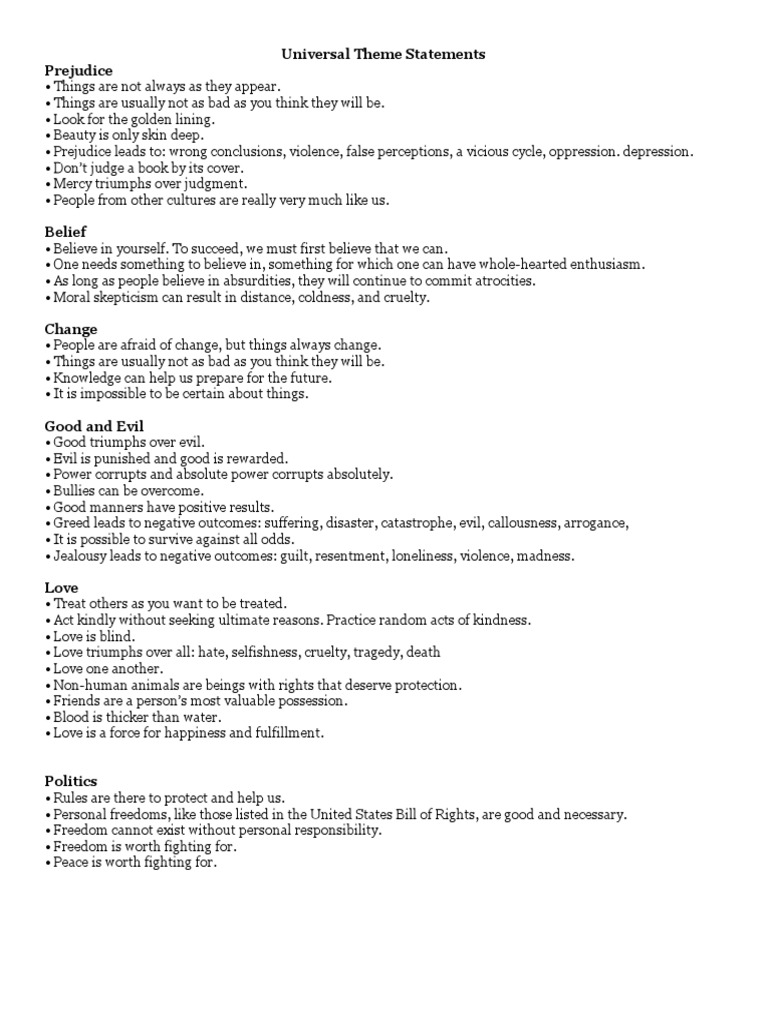 Theme Statement List | PDF | Evil | Courage