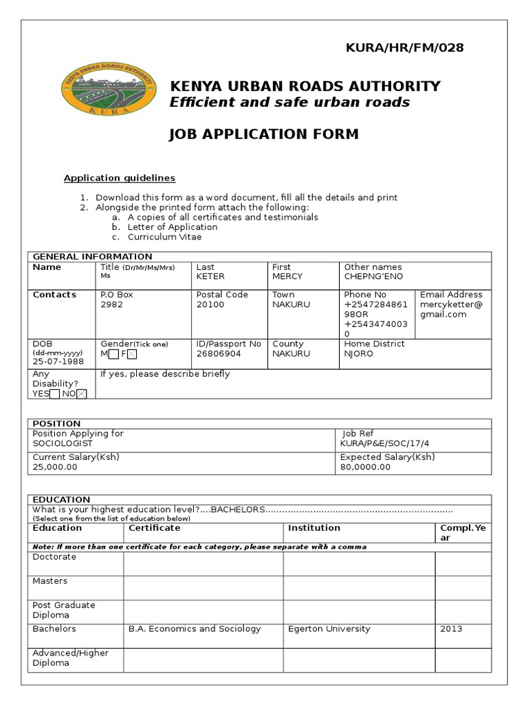 Kura Job Application Form | PDF | Diploma | Academia