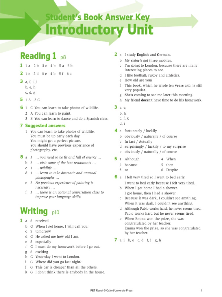 Students Book Answer Key - B1 PET Student Book | Teachers | Classroom
