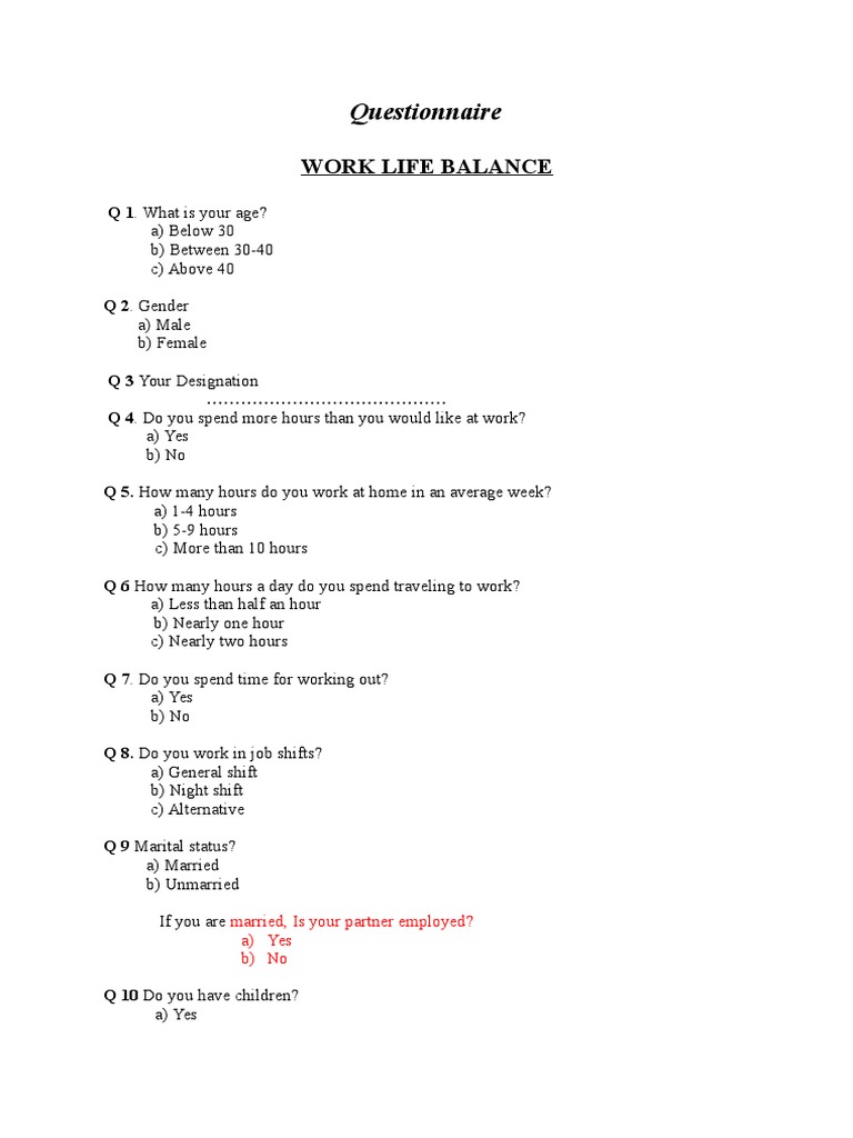 Questionnaire: Work Life Balance | PDF | Work–Life Balance ...