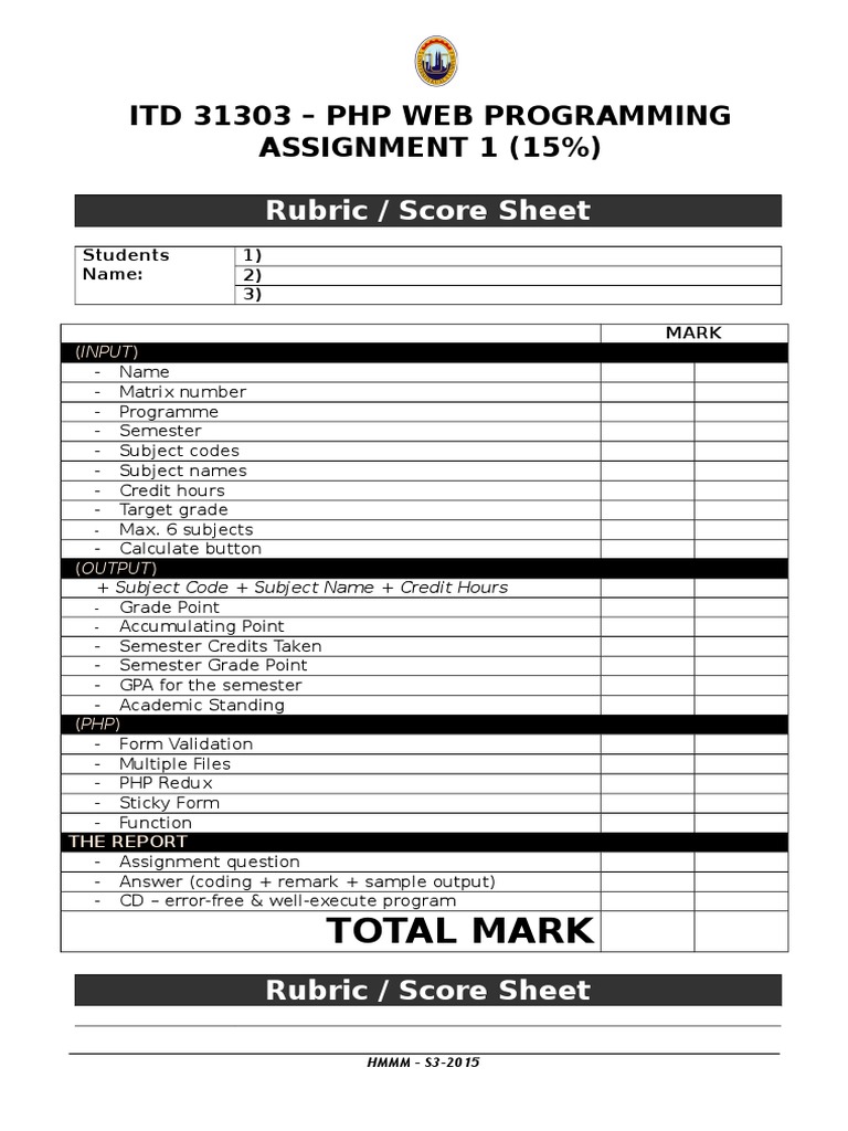 Rubric Score Sheet Pdf