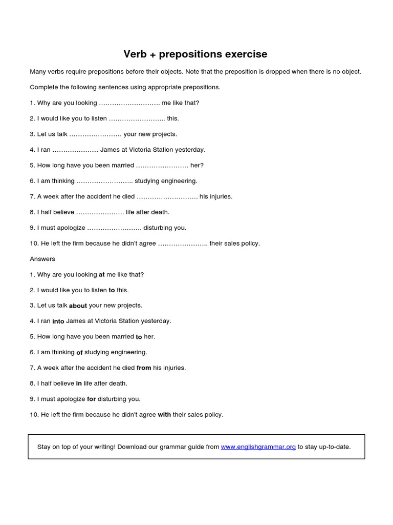 Verb Prepositions Exercise PDF | PDF