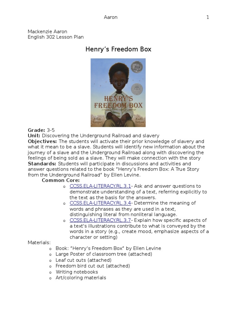Henry's Freedom Box Lesson Plan | PDF | Underground Railroad | Slavery ...