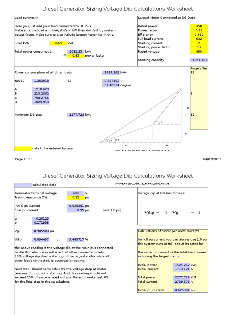 Diesel Generator Sizing Voltage Dip Calculations Worksheet | PDF ...