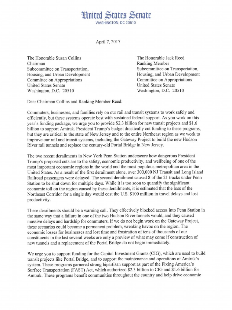 Amtrak Transit Appropriations Letter Booker Menendez 4.7.17 | PDF