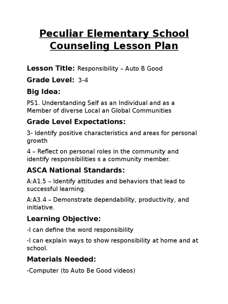 Responsibility Lesson Plan for Grades 3-4 | PDF | Career & Growth ...