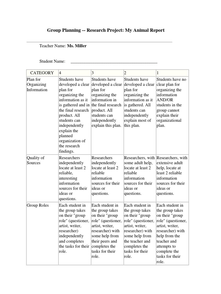 My Animal Report Rubric - Group Project | PDF | Educational Psychology ...