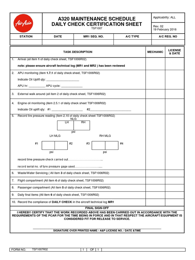 Daily Check Sheet | PDF | Aviation | Aircraft